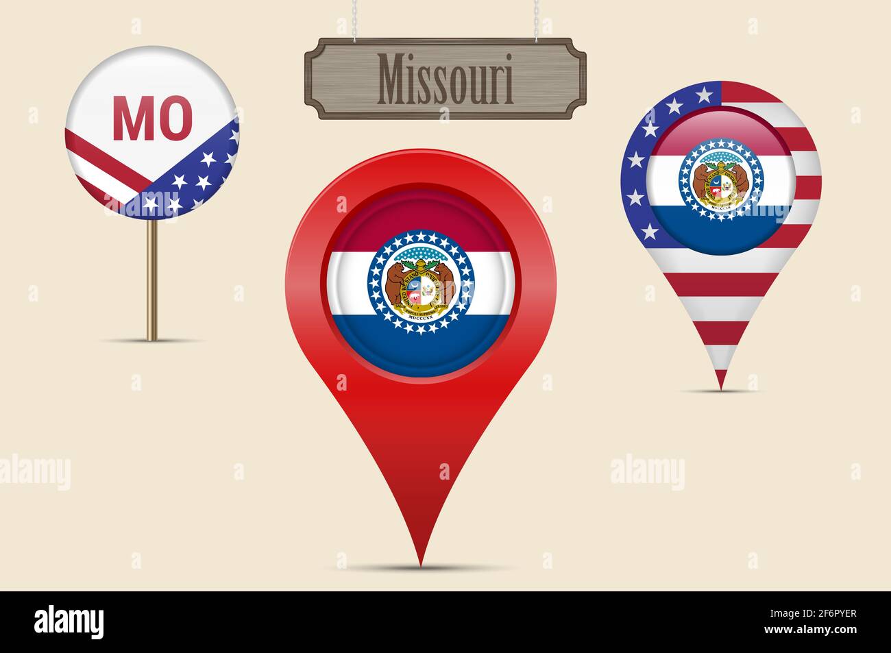 Missouri US state round flag. Map pin, red map marker, location pointer ...