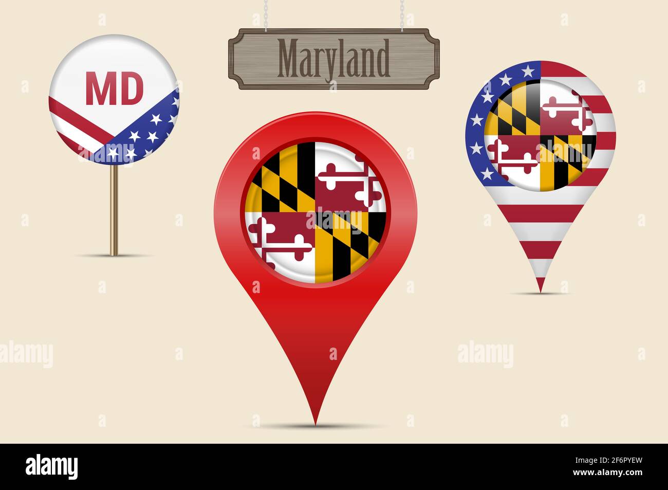 Maryland US state round flag. Map pin, red map marker, location pointer ...