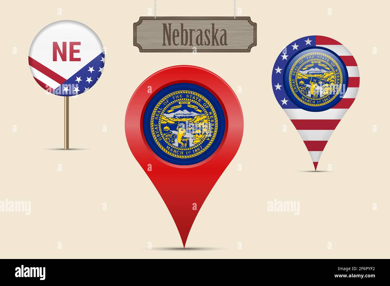 Nebraska US state round flag. Map pin, red map marker, location pointer ...