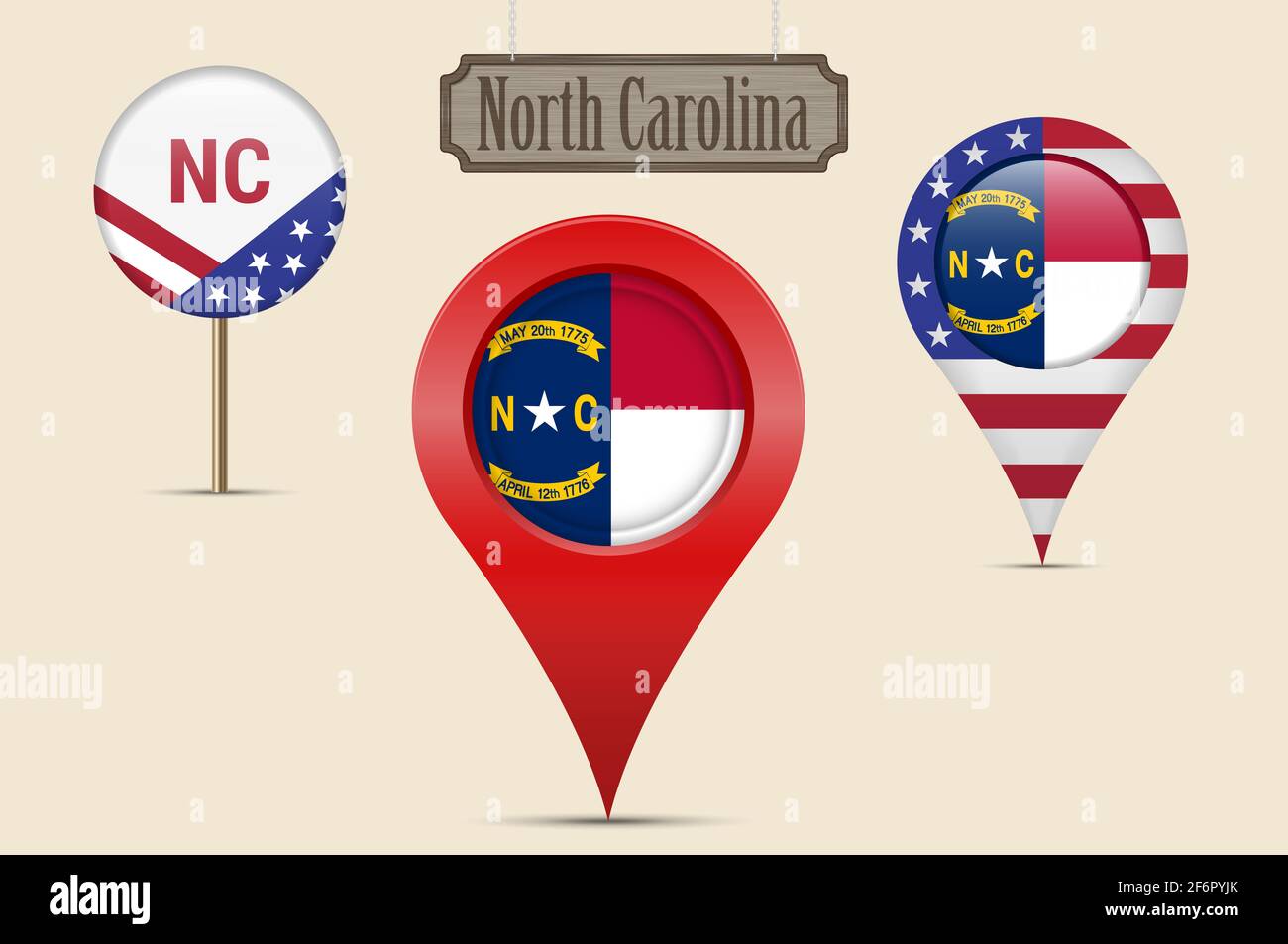 North Carolina US state round flag. Map pin, red map marker, location ...