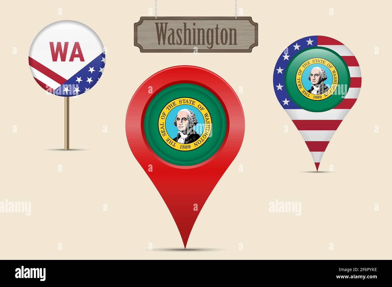 Washington US state round flag. Map pin, red map marker, location ...