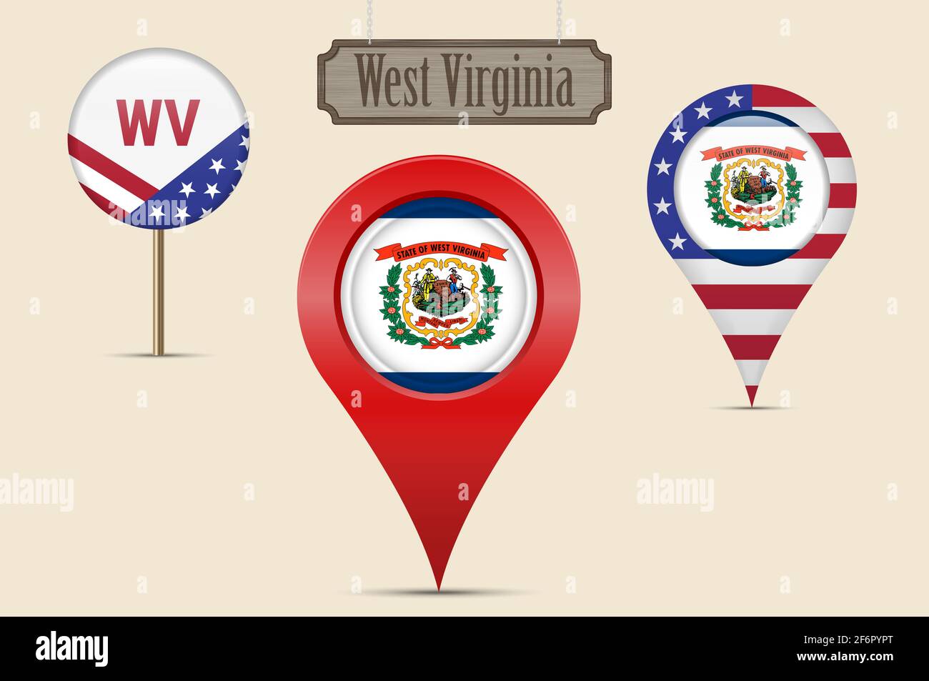 West Virginia US state round flag. Map pin, red map marker, location ...
