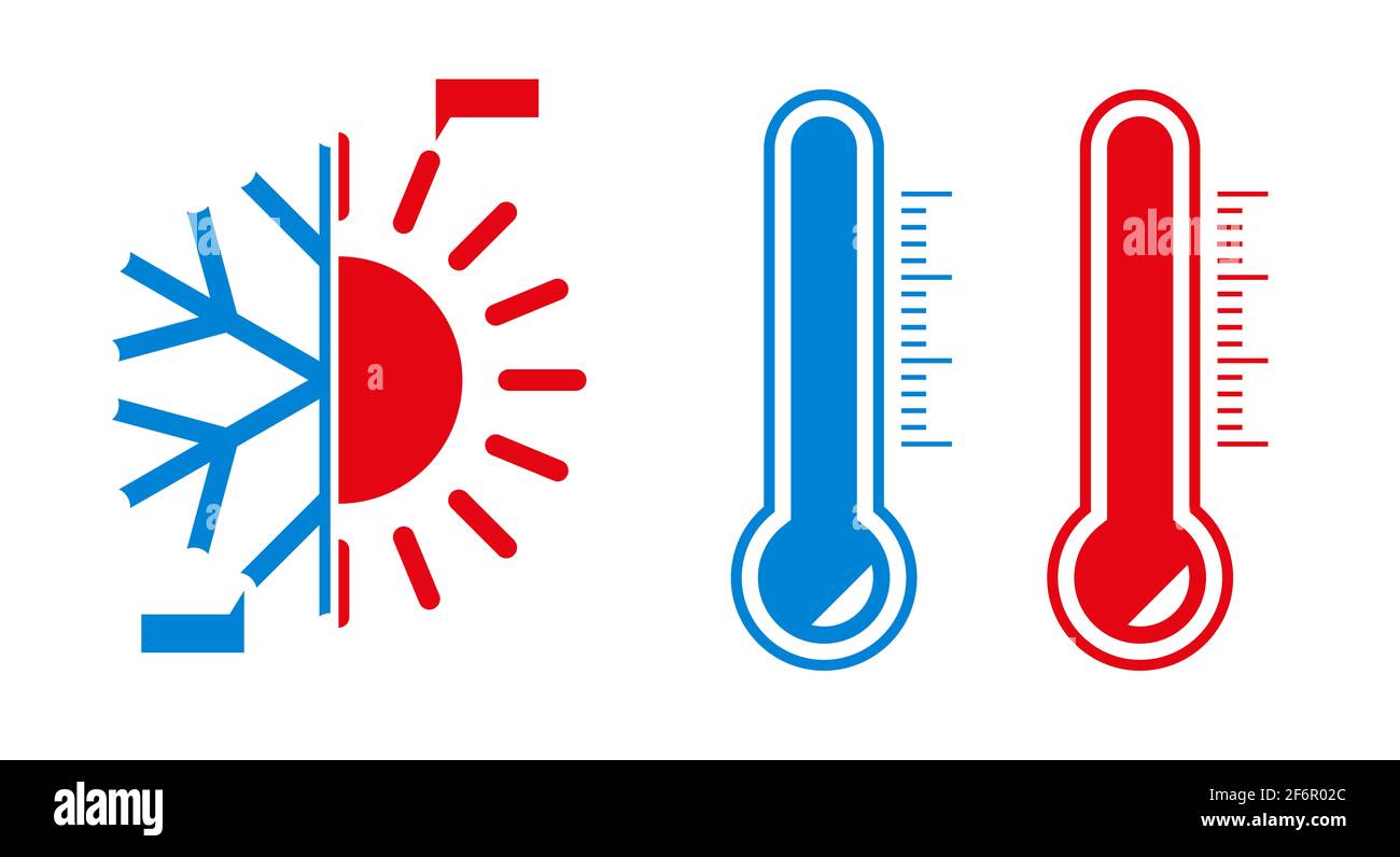 Cold and hot, snowflake and sun, blue and red thermometer icons ...