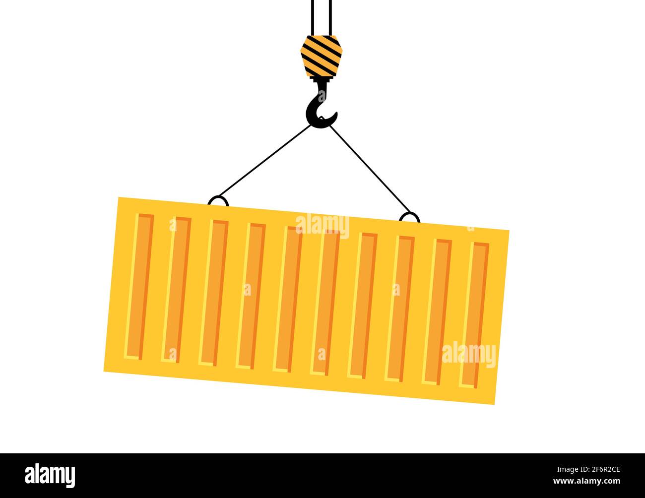 Bright yellow cargo in container lifts on winch. Unloading or loading ...