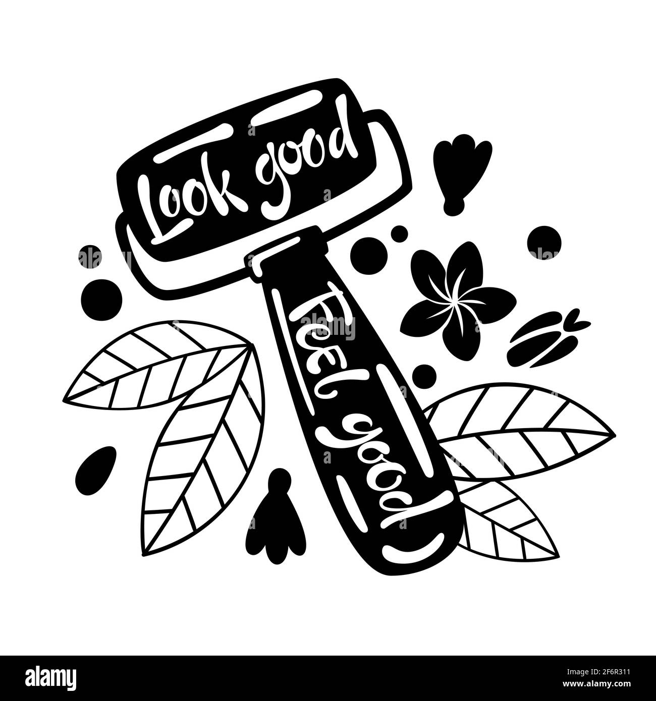 Look good Feel good - hand drawn lettering phrase. Roller massage shape ...