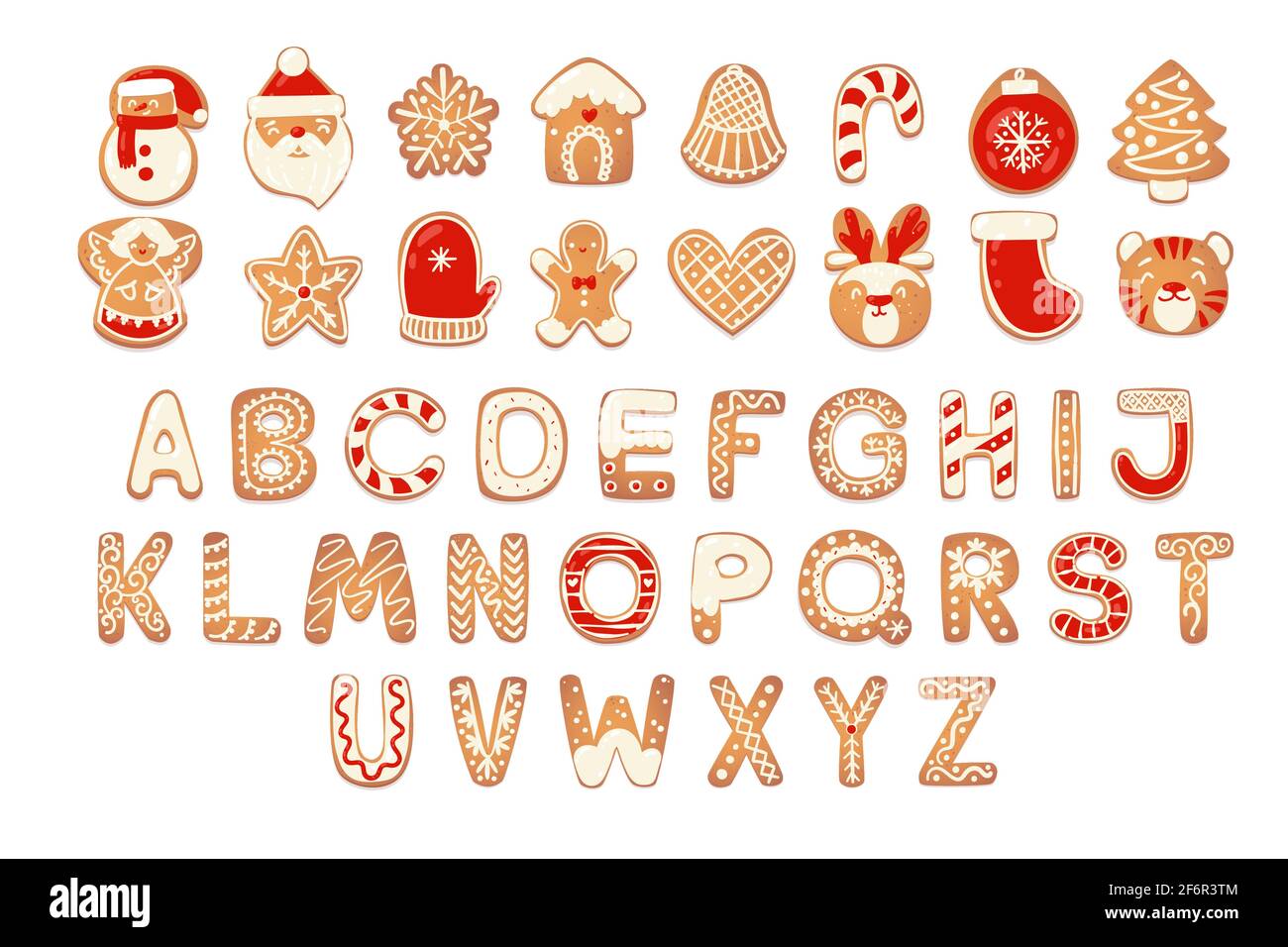 Christmas gingerbread cookies alphabet with figures. Biscuit letters ...