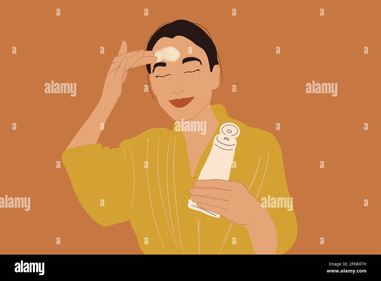 Pretty Woman Apply Cream Or Scrub On Face In Yellow Bathrobe While