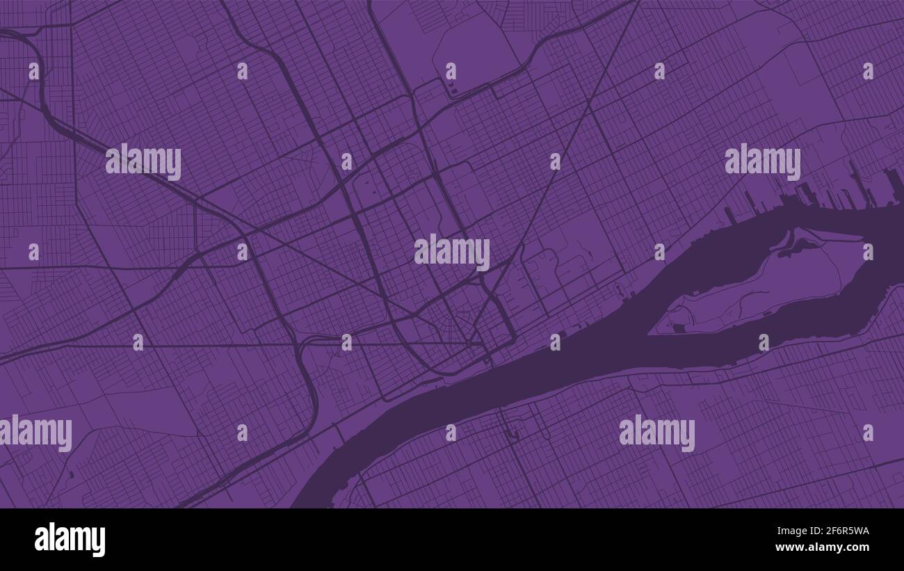 Purple vector background map, Detroit city area streets and water ...