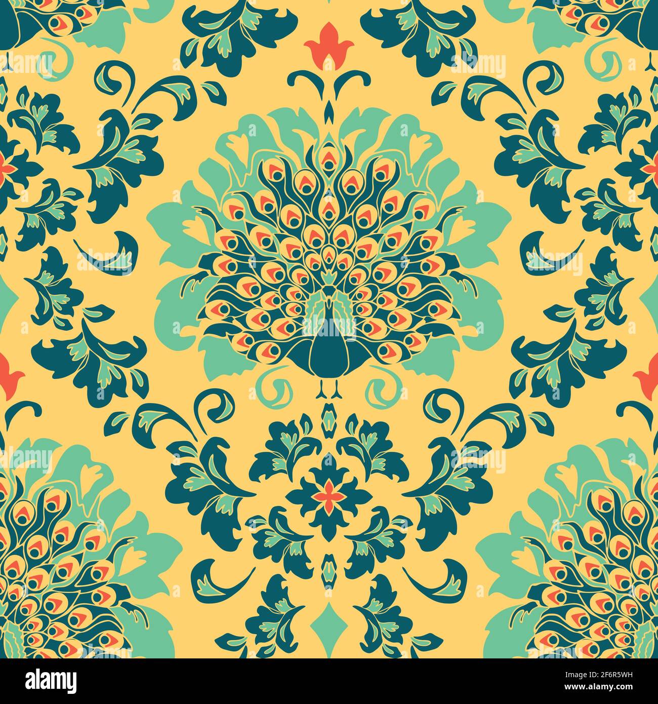 Seamless vector pattern damask peacock on yellow background. Baroque ...
