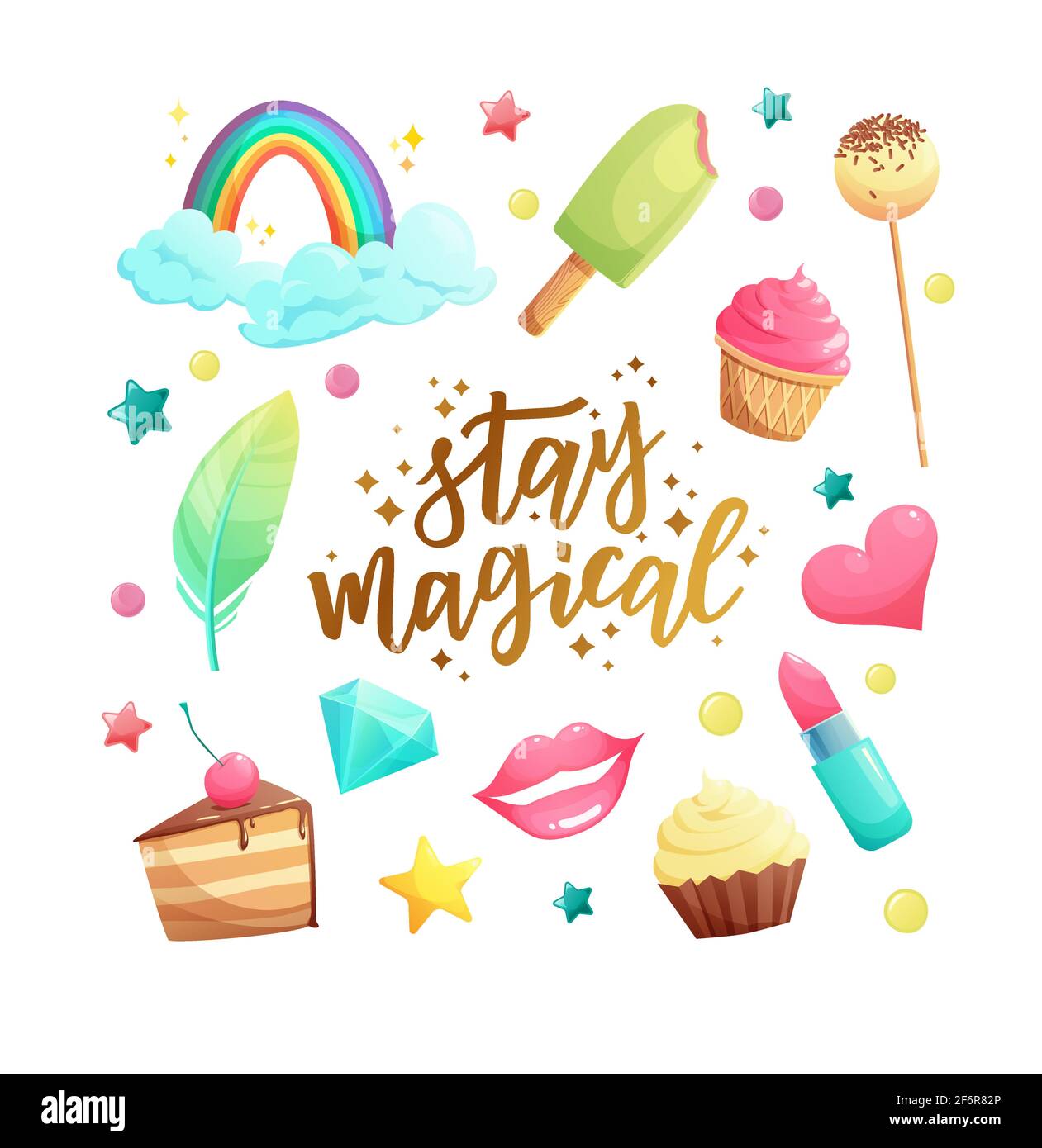 Cute girlish elements in flat style with hand lettering text stay ...