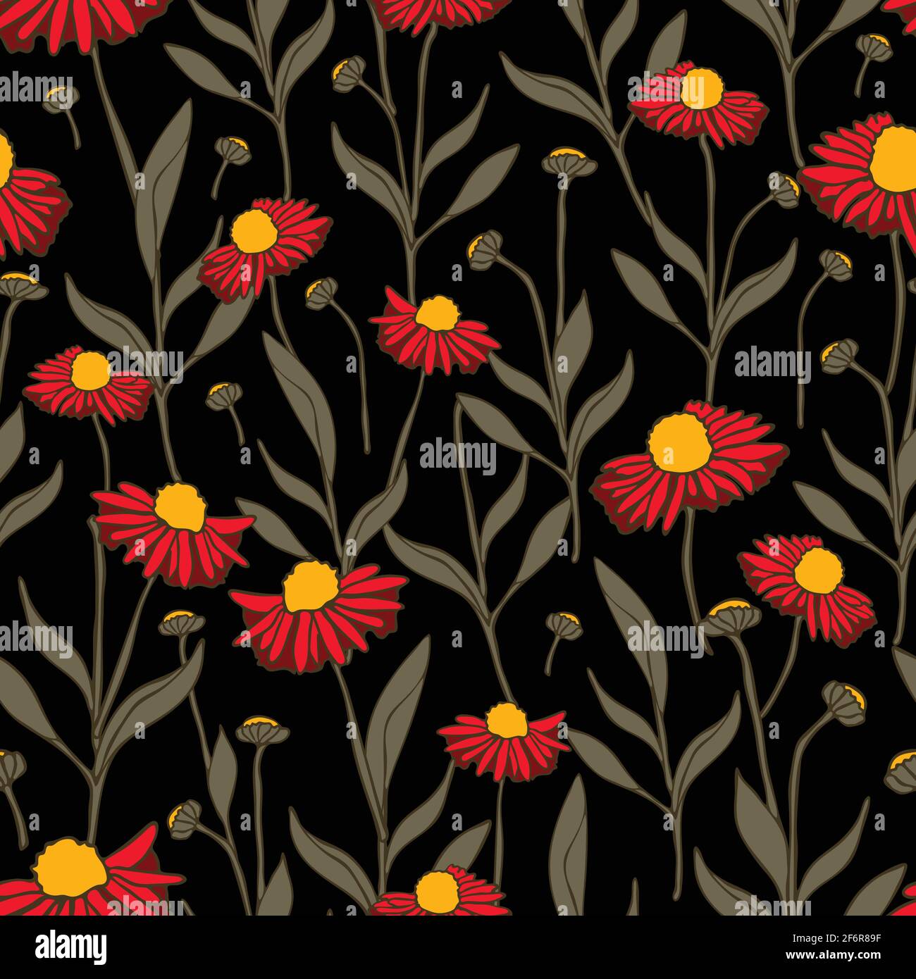 Seamless vector pattern with red flowers on black background. Floral ...