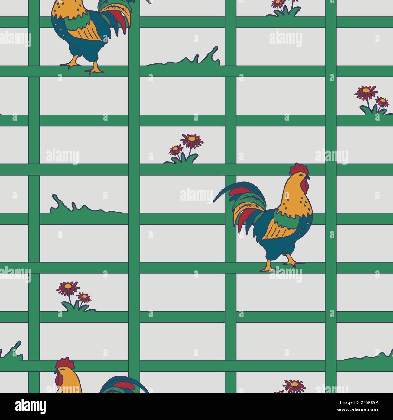 Seamless vector pattern with rooster and squares on light blue ...