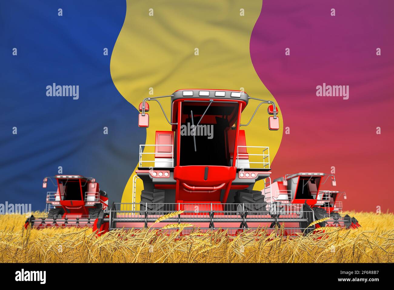 4 bright red combine harvesters on wheat field with flag background ...