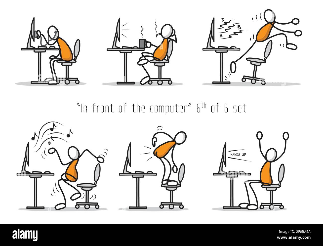 Vector set of humor cartoon man in front of a computer in different ...