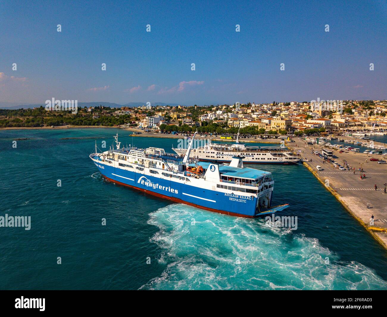 Aerial view of a steam during a mooring on the island of Egina. Greece ...