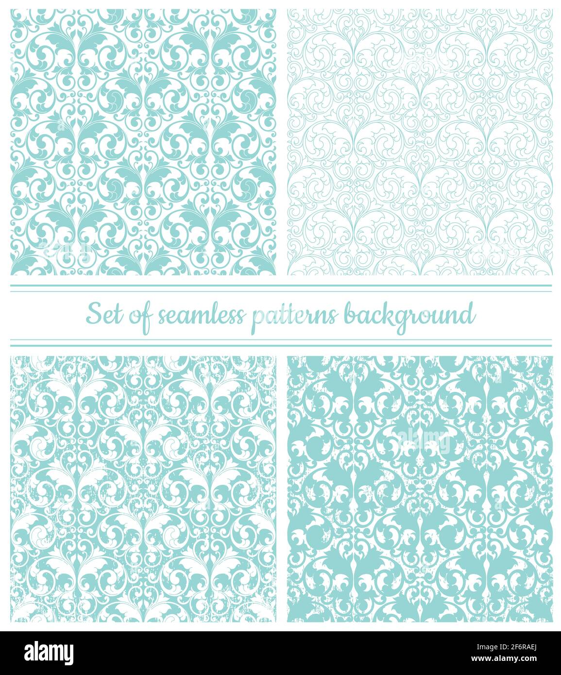 Collection of seamless damask patterns in pastel blue color. Vector ...