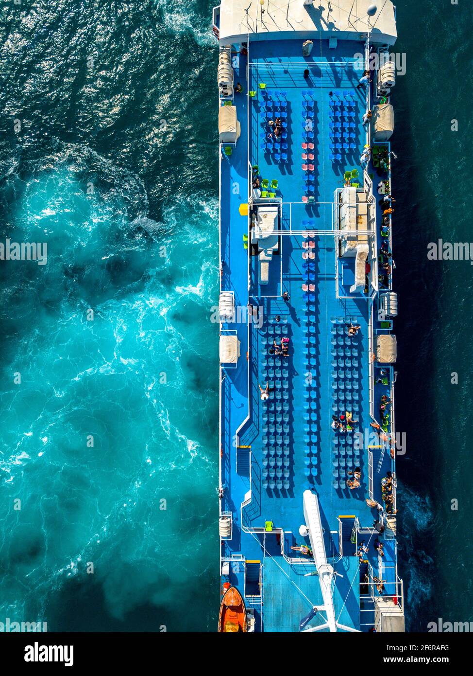 Aerial view of a steam during a mooring on the island of Egina. Greece ...