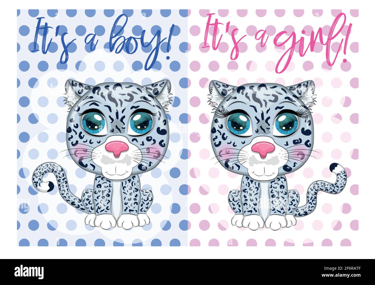 Baby Shower greeting card with Cute boy and girl. Cartoon snow leopard ...