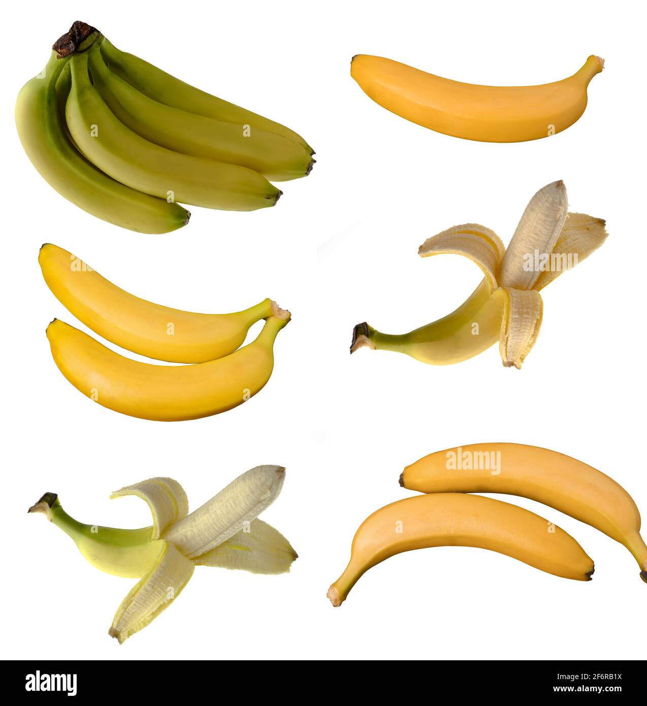 Collage of ripe bananas, whole and half peeled, on white background ...