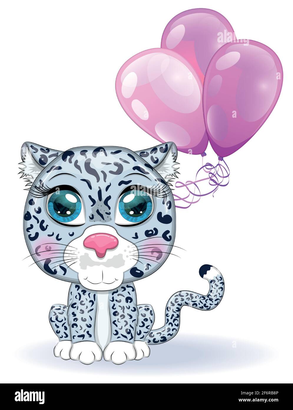 Cartoon snow leopard with expressive eyes with balloons, holiday ...