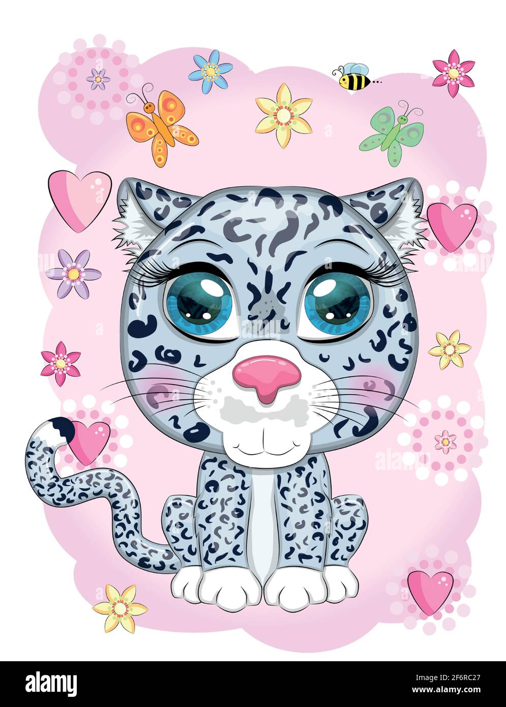 Cartoon snow leopard with expressive eyes among flowers, hearts ...