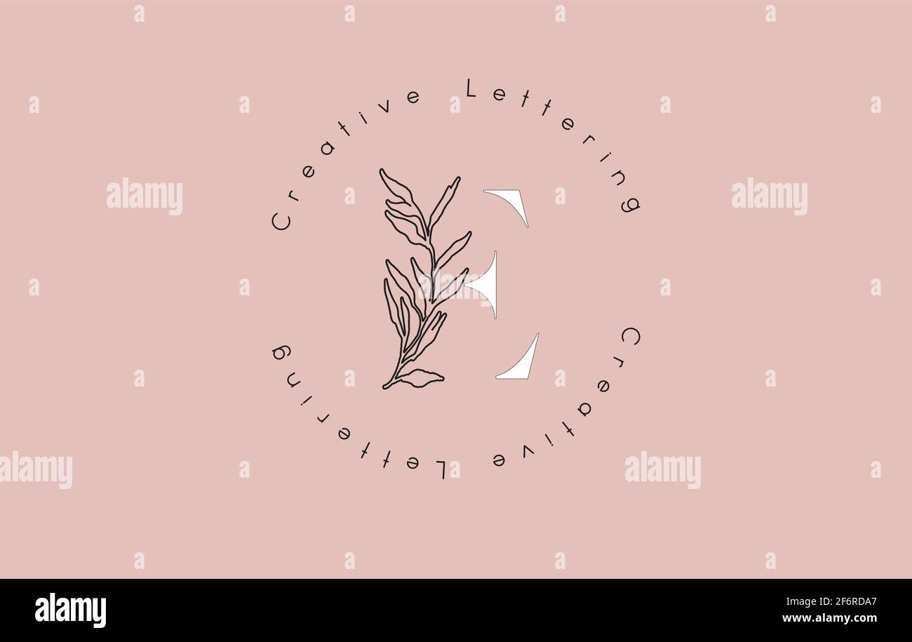 White Letter E Logo with circle lettering design and outline leaves and ...
