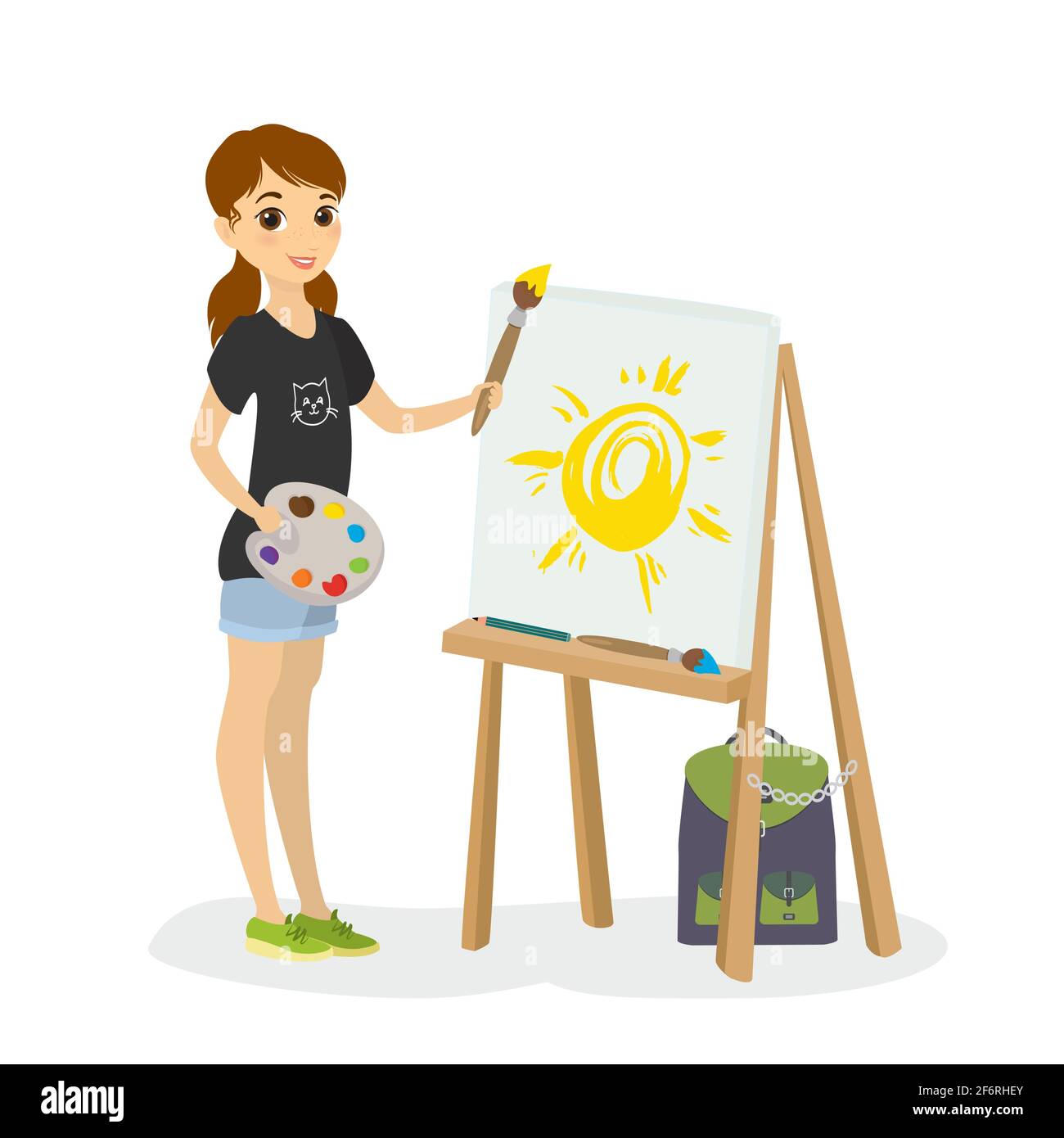 Cartoon happy girl with palette and brush.Caucasian female artist with ...