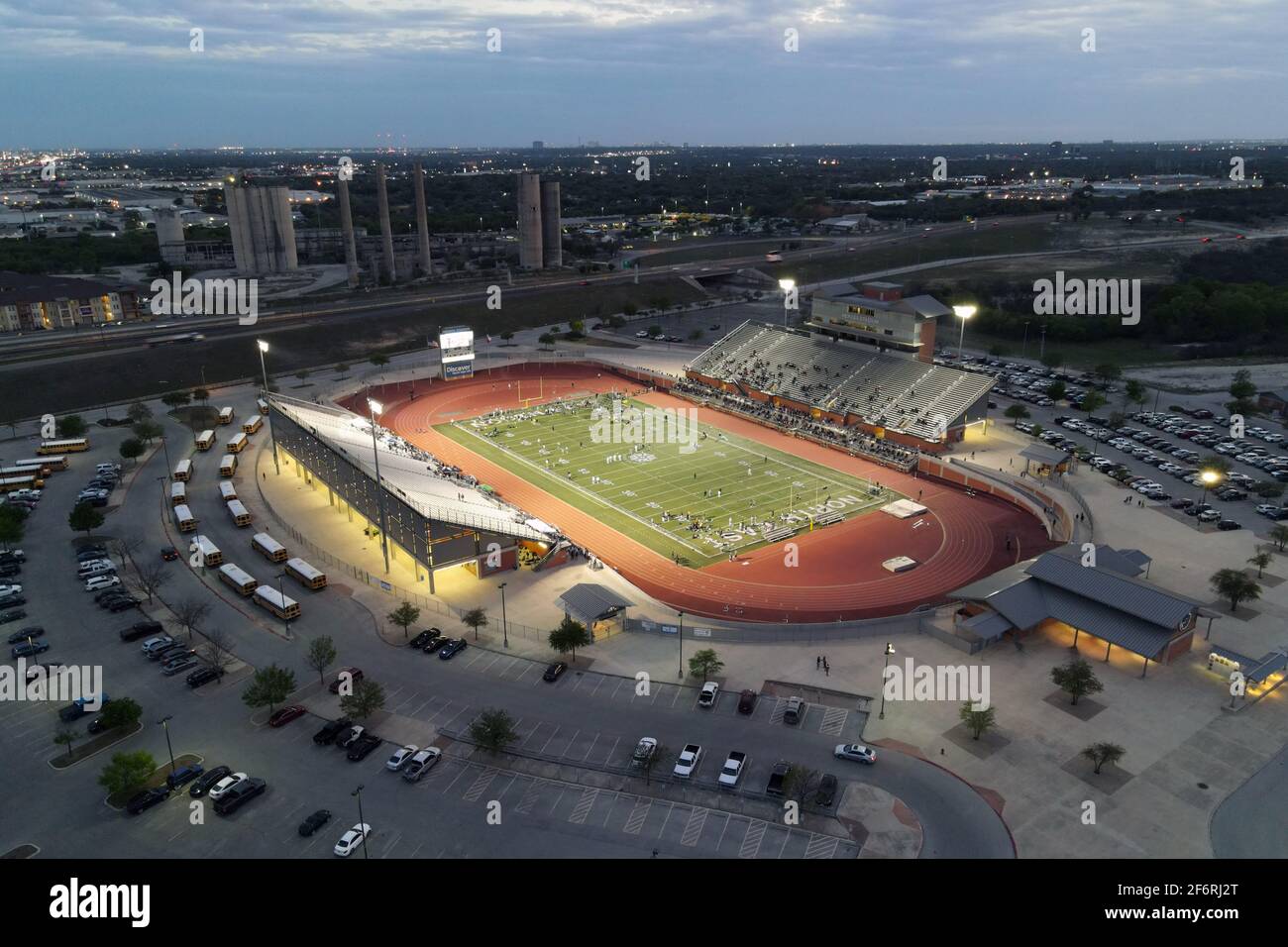 An aerial view of Heroes Stadium during the UIL 6A District 28 Track ...