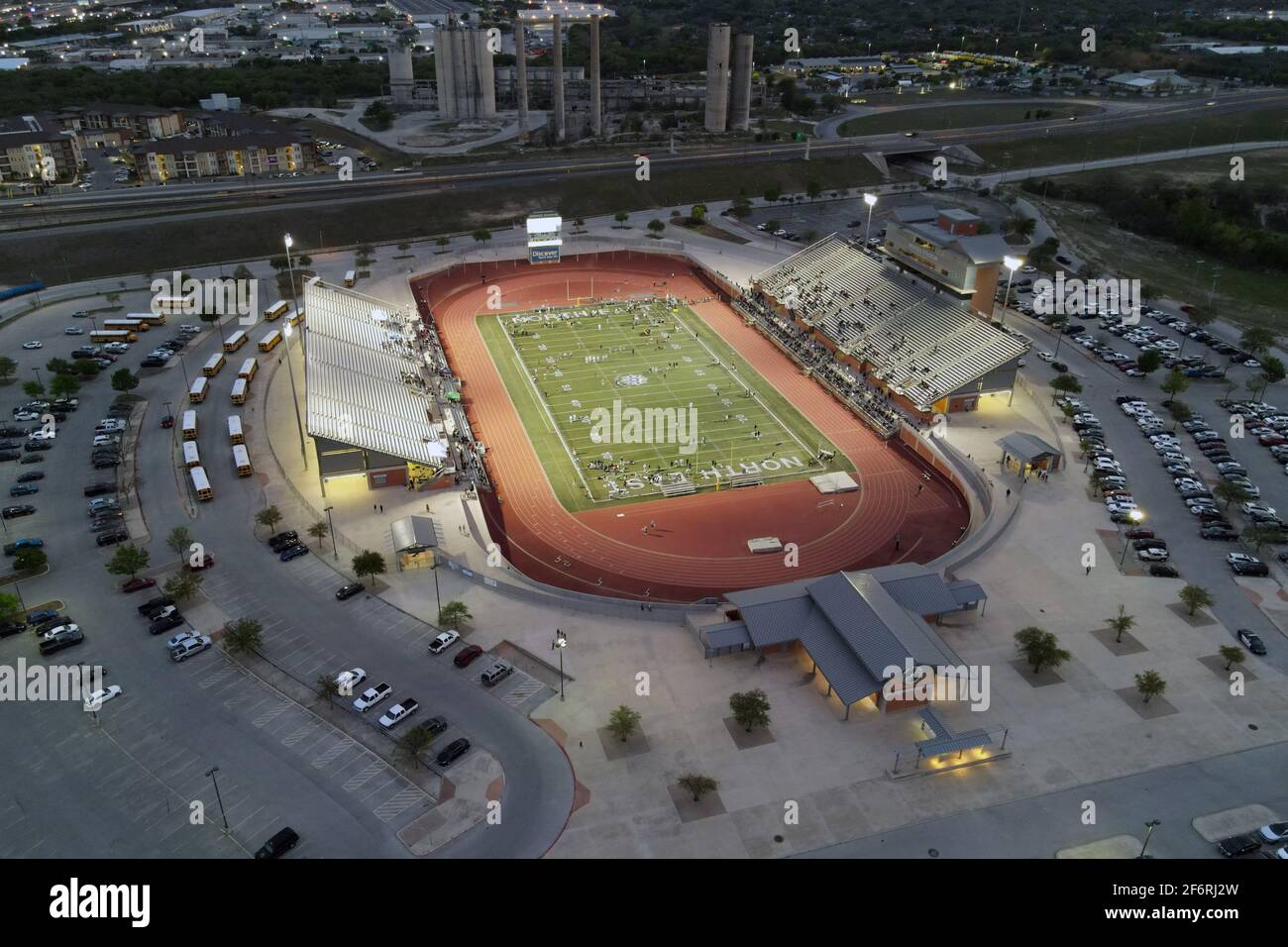An aerial view of Heroes Stadium during the UIL 6A District 28 Track ...