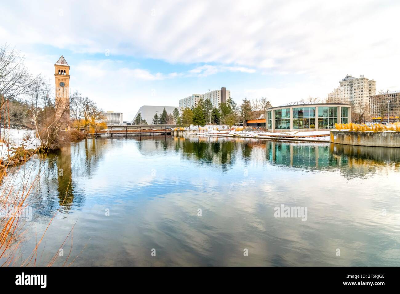 Winter scene with light snow on the ground at Riverfront Park along the ...
