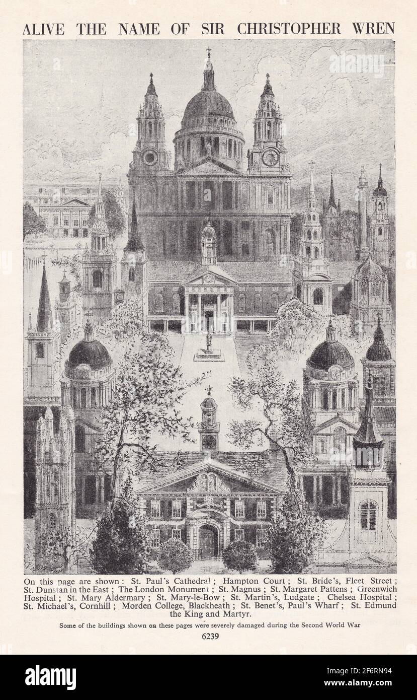 Vintage illustrations of Sir Christopher Wren's buildings Stock Photo ...