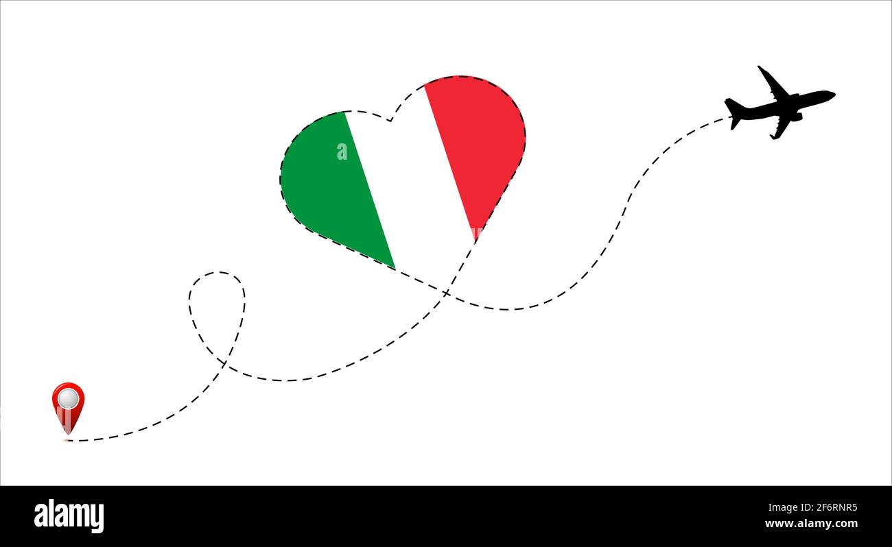 Airplane flight route with the Italy flag inside the heart. Travel to ...