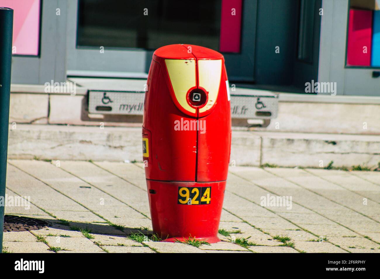 Reims France April 2, 2021 Red fire hydrant in the streets of Reims, a ...