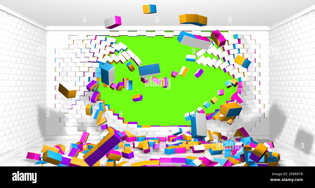 White, yellow, blue and red brick wall exploding inside a room with ...