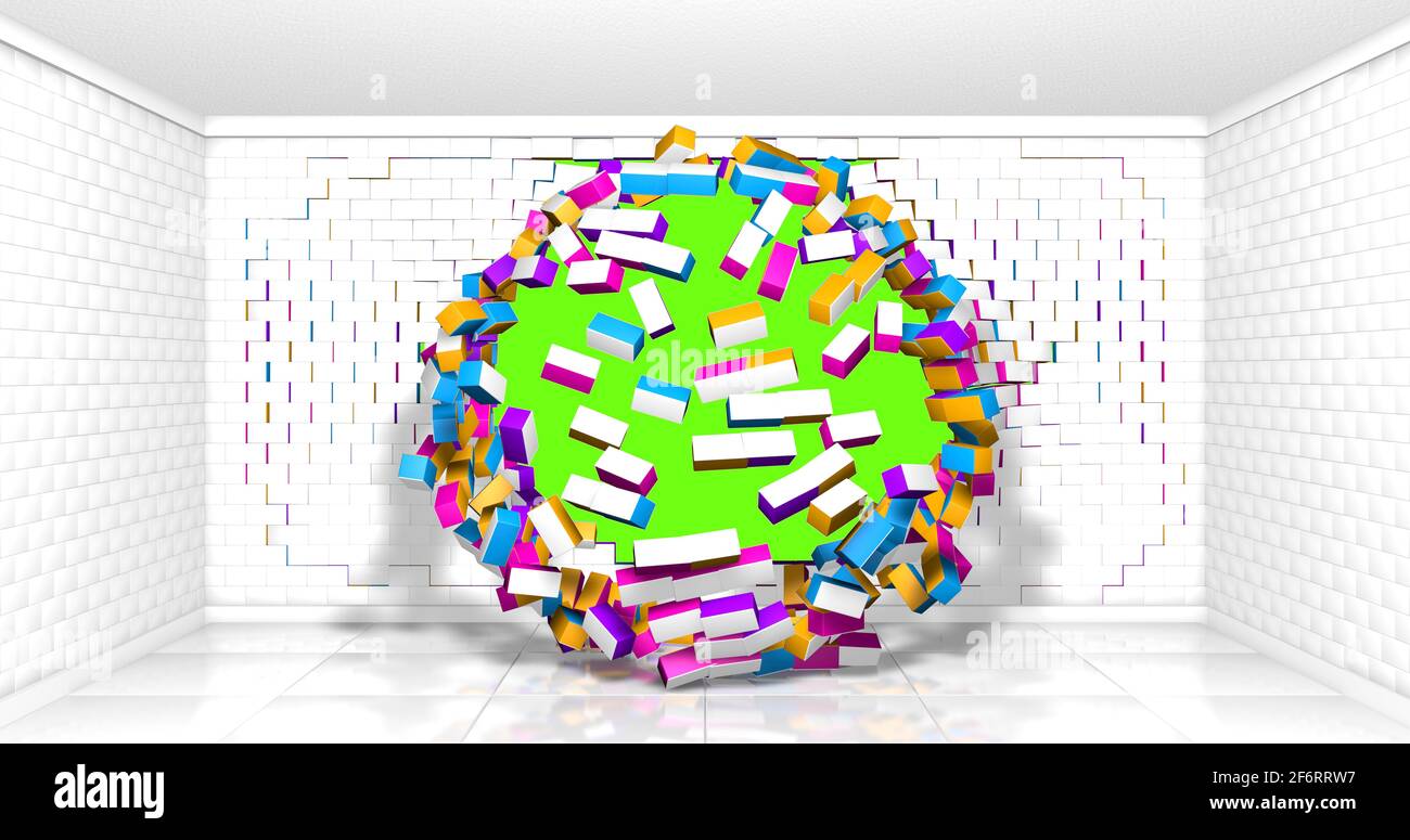 Rectangular wall of white, yellow, blue and red bricks exploding in a ...