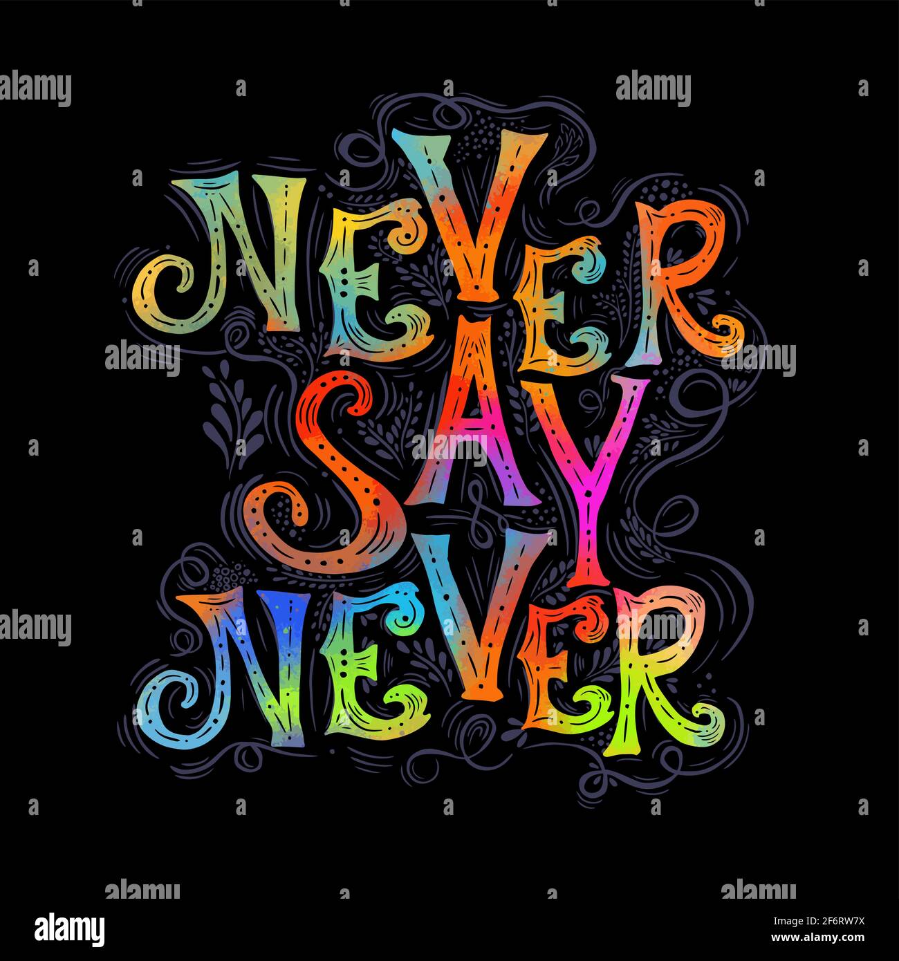 Never say never . Hand drawn calligraphic quote on a black background ...