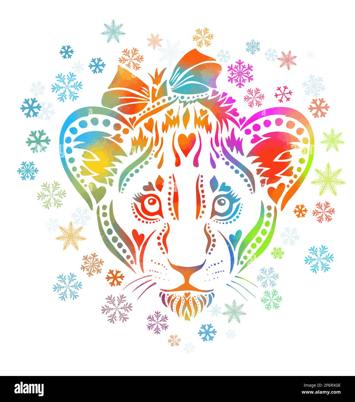 A multicolored lion cub. The face of the lion is a rainbow abstract ...
