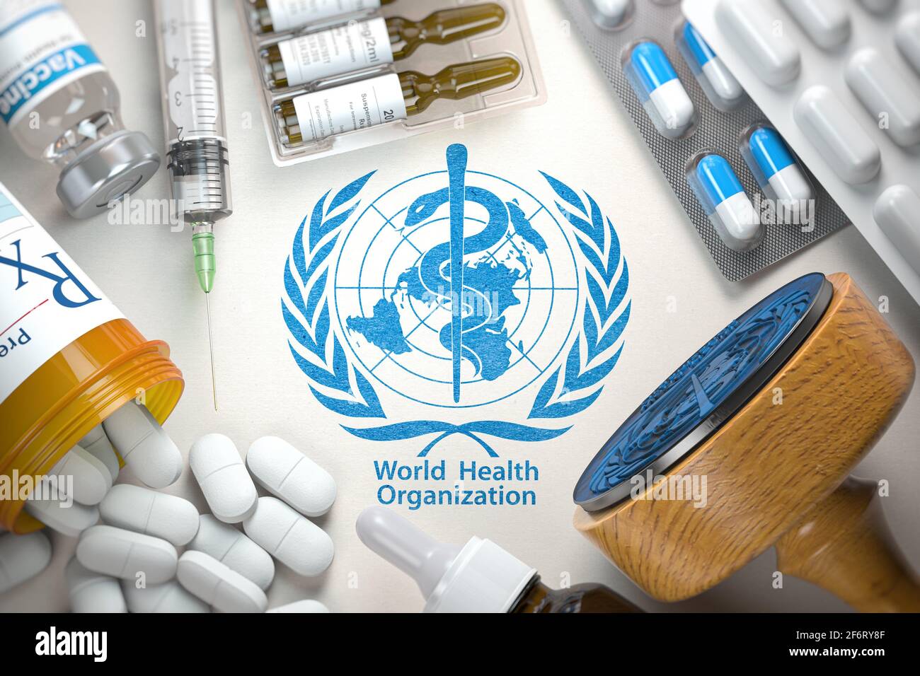 World Health Organization WHO rubber stamp with meds and tablets. 3d ...