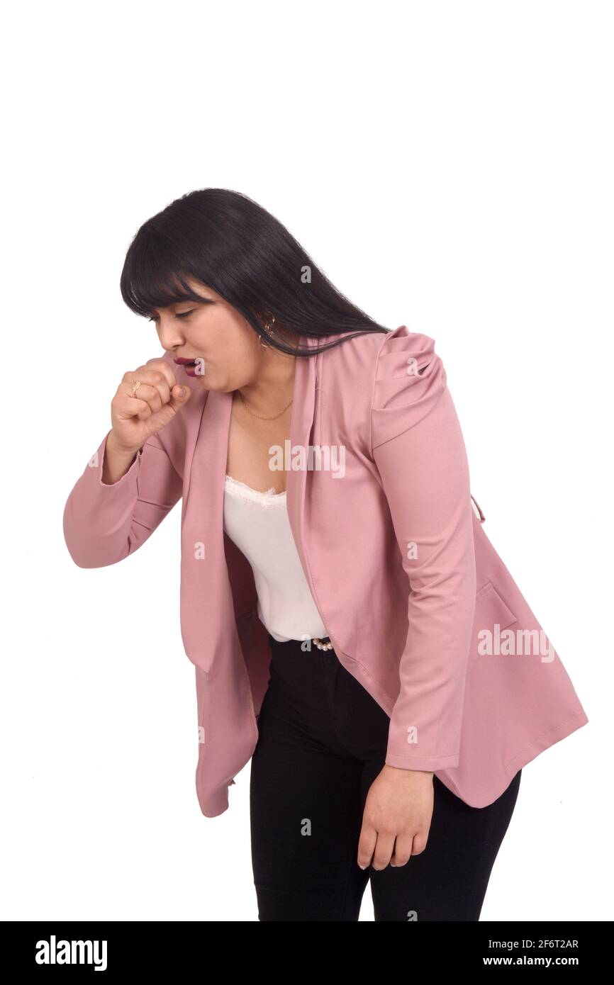 woman with cough on white background Stock Photo - Alamy