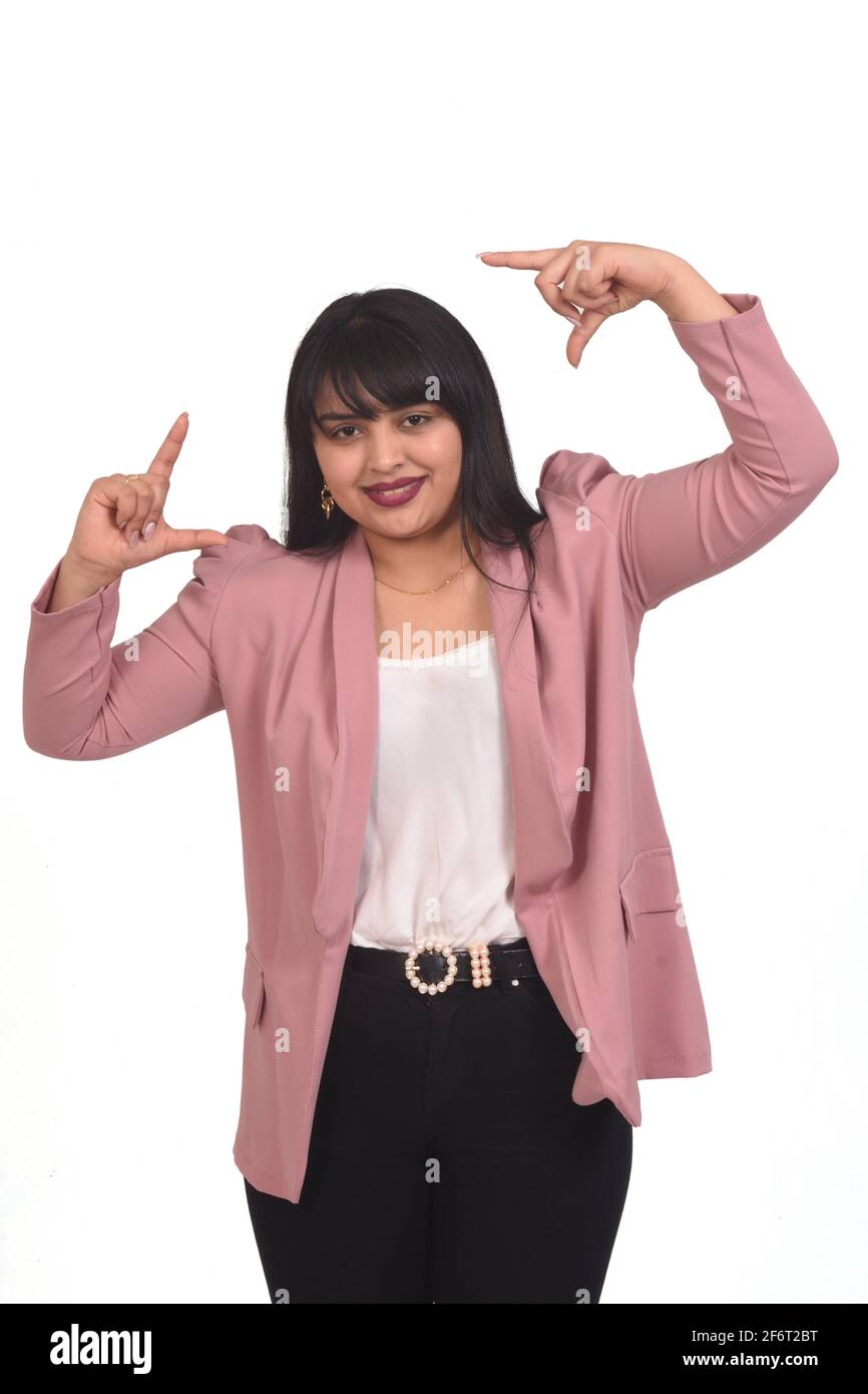 woman with sign frame on white background Stock Photo - Alamy