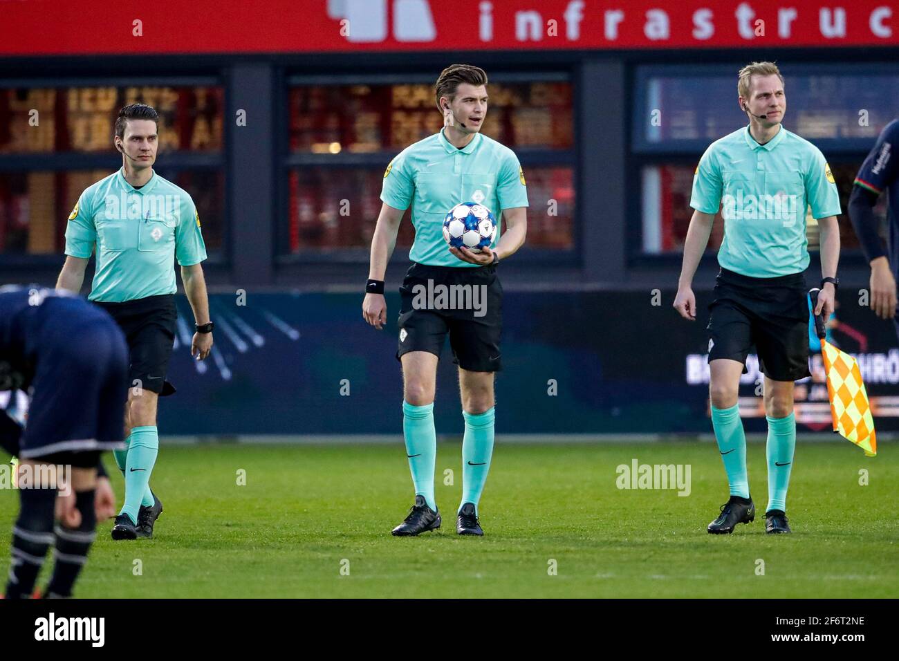 ALMERE, NETHERLANDS - APRIL 2: Assistant Referee Dyon Fikkert, Referee ...