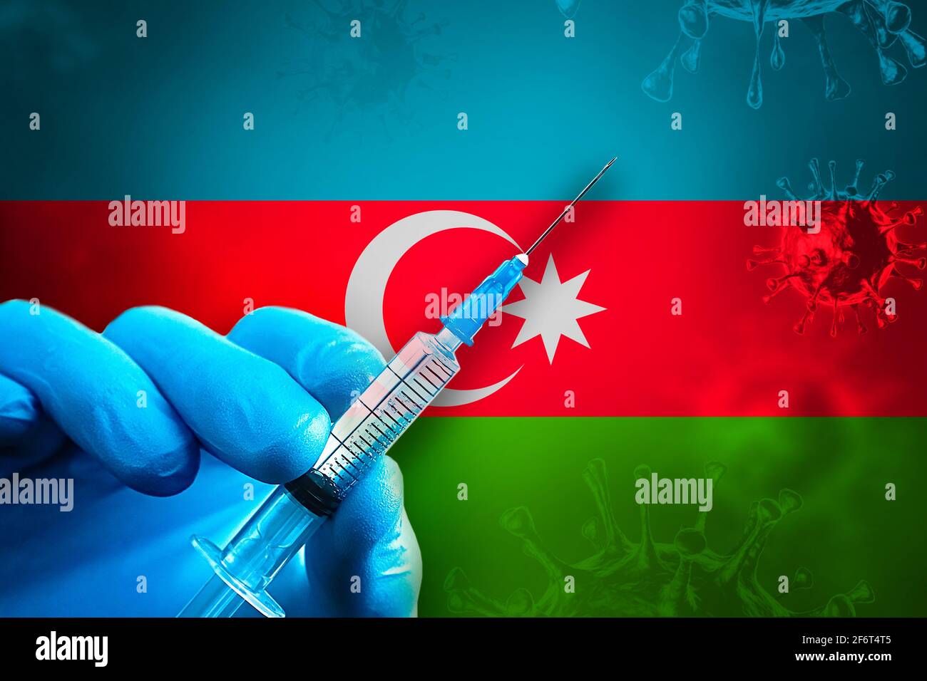 Azerbaijan Covid-19 Vaccination Campaign. A hand in a blue rubber glove ...