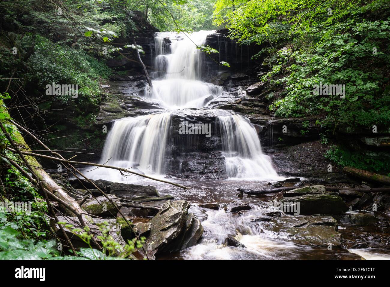 A large waterfall in a lush green forest split Stock Photo - Alamy