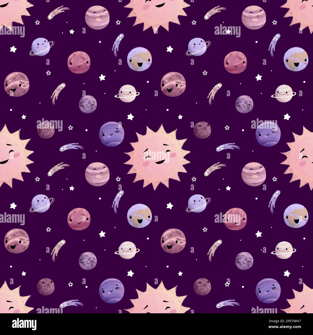 Seamless pattern of cute planets on violet background for children ...