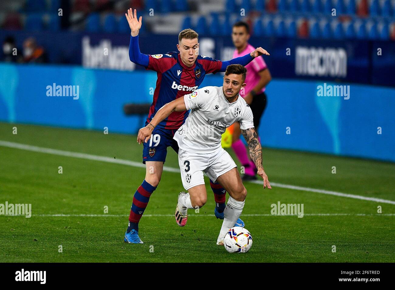 VALENCIA, SPAIN - APRIL 2: Carlos Clerc of Levante UD and Pablo Maffeo ...