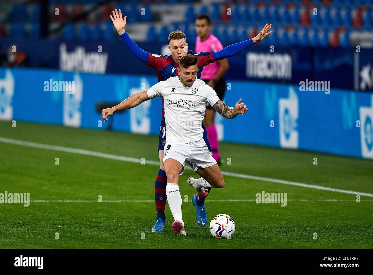 VALENCIA, SPAIN - APRIL 2: Carlos Clerc of Levante UD and Pablo Maffeo ...