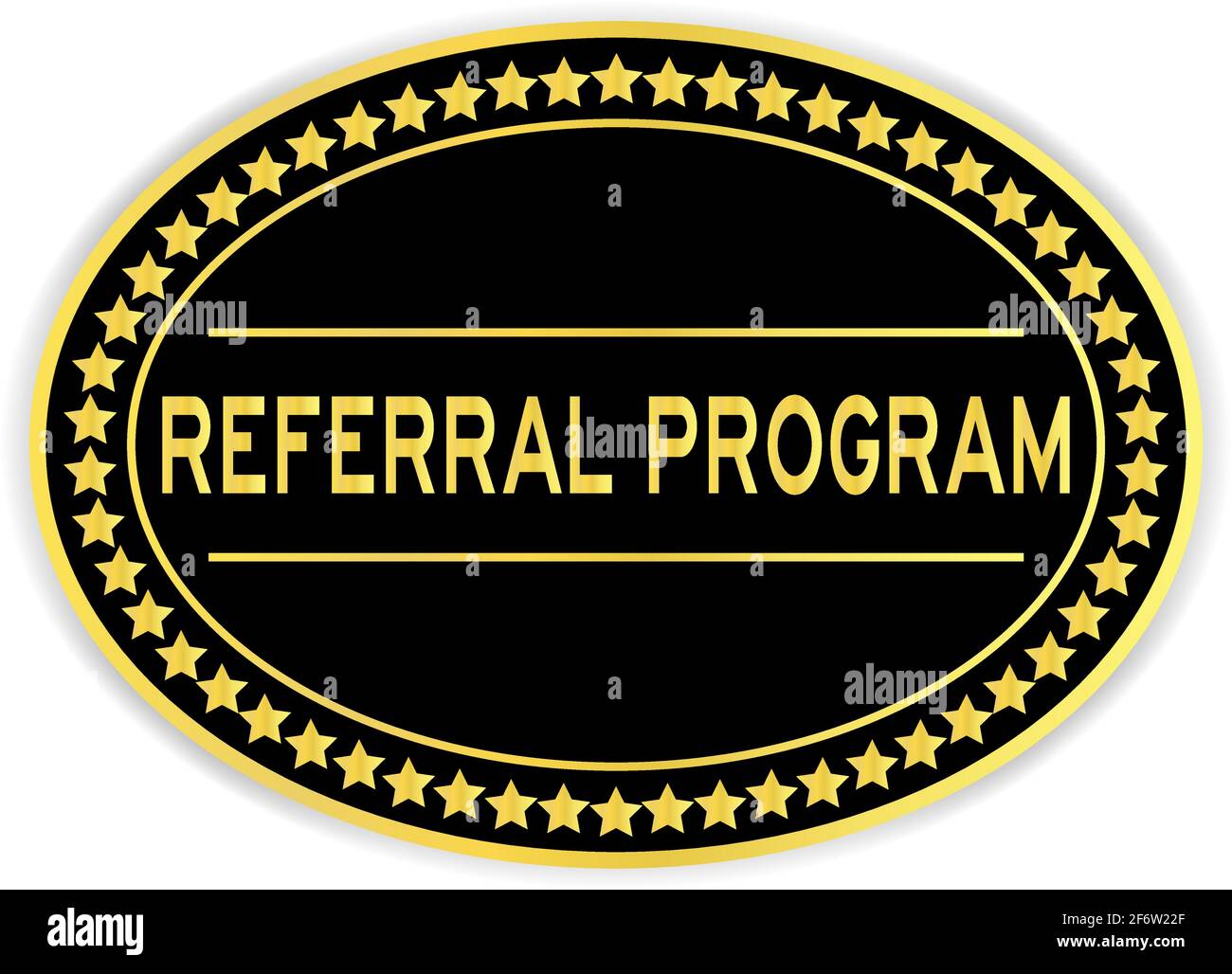 Black and gold color sticker in word referral program on white ...