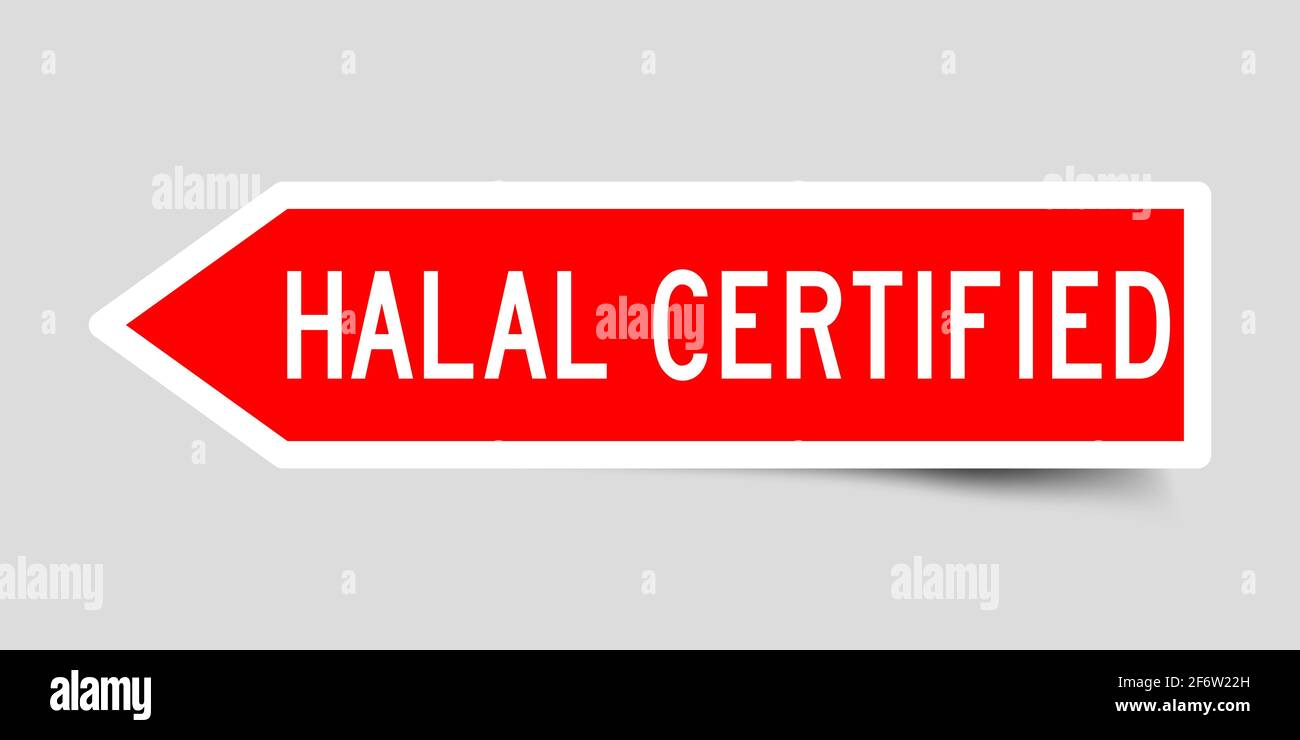 Arrow shape red color sticker in word HALAL certififed on gray ...