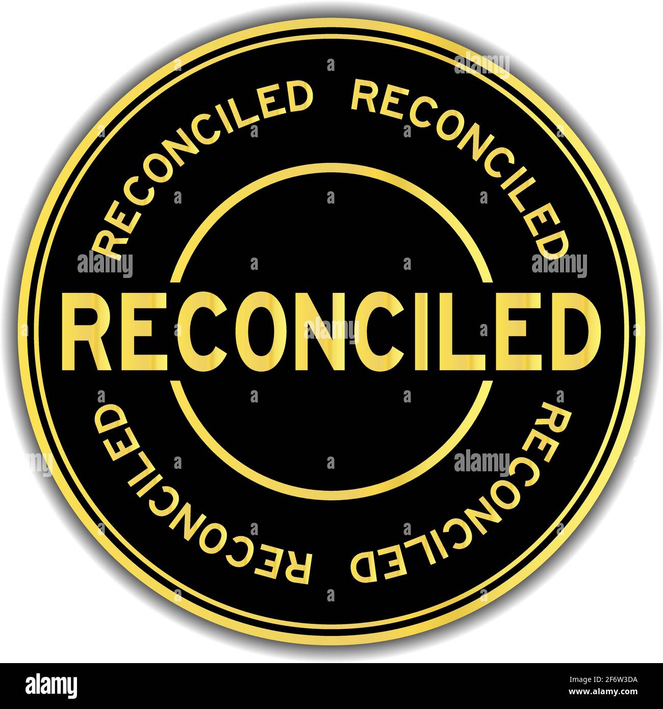 Black and gold color reconciled word round seal sticker on white ...