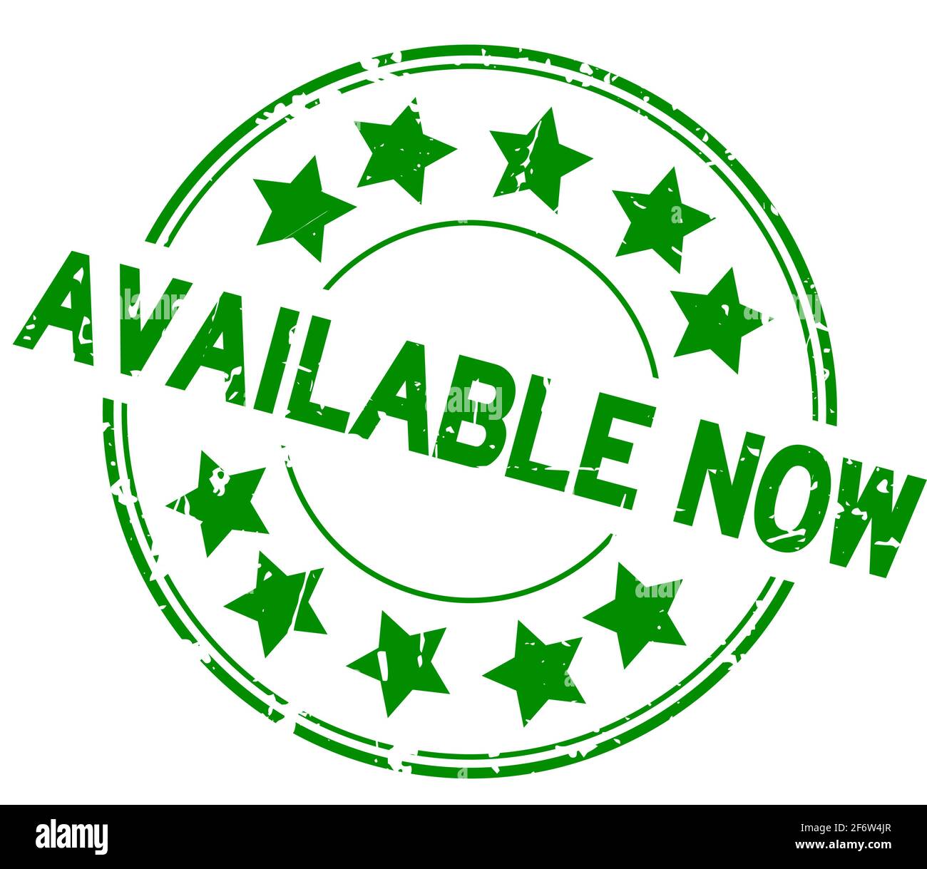 Grunge green available now word with star icon round rubber stamp on white background Stock ...